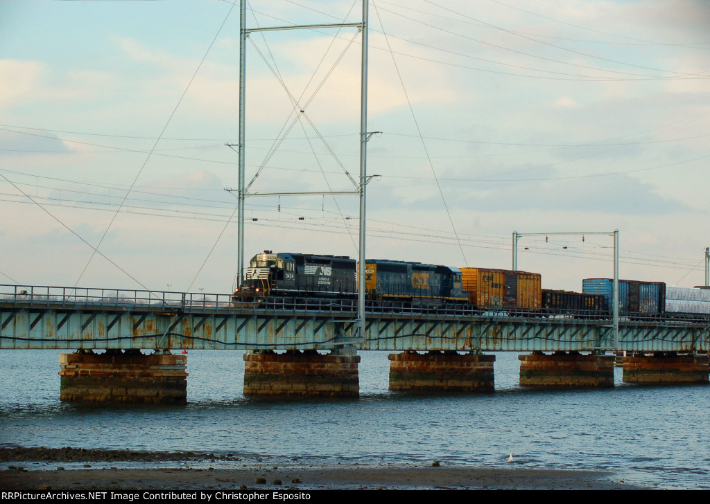 NS SD40-2 3434 leads JR2 across the Raritan River